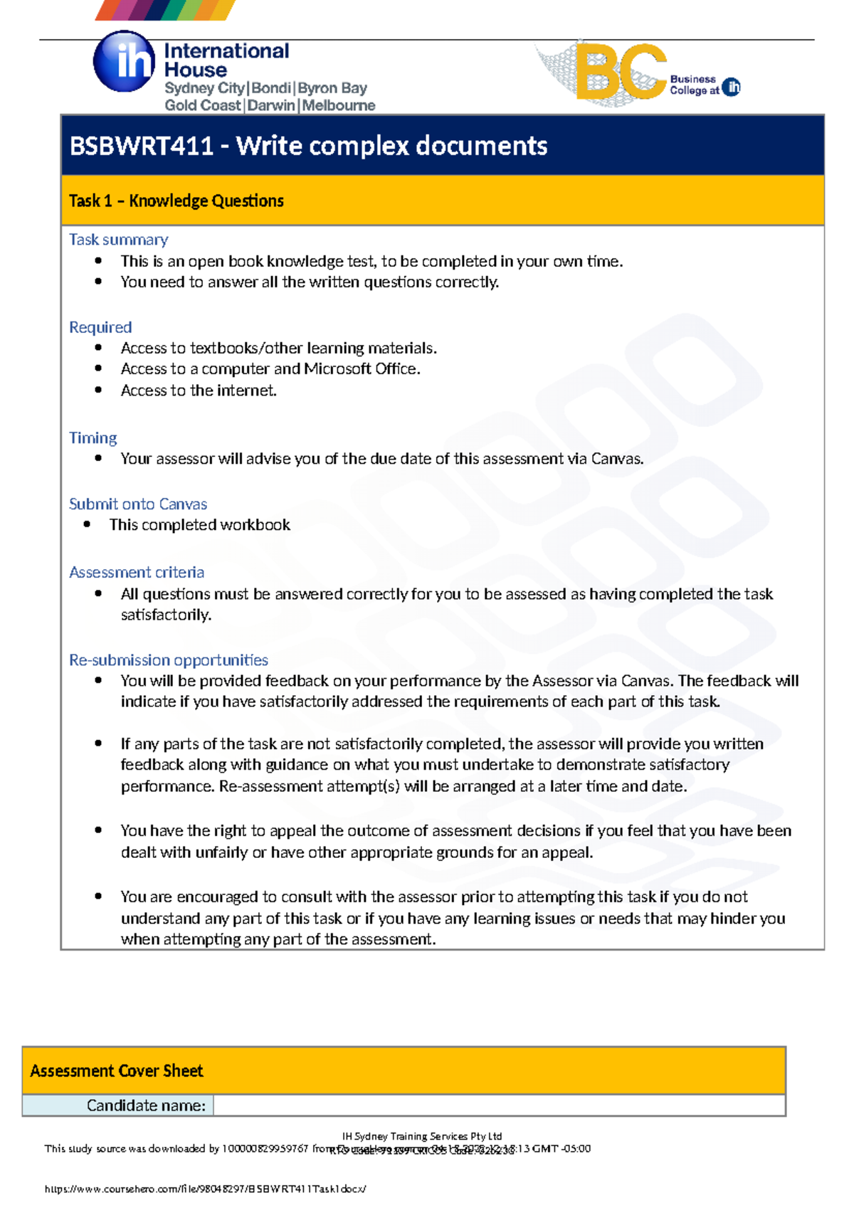 Bsbwrt 411 guia de trabajo - BSBWRT411 Write complex documents Task 1 ...