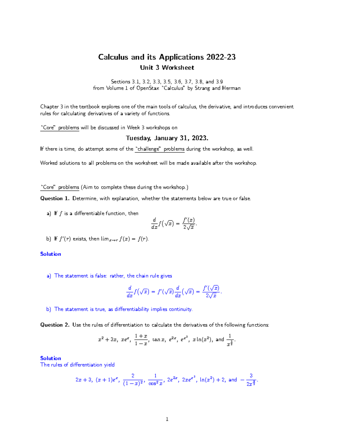 Worksheet 3 Solutions - Workshop Questions - Calculus and its ...