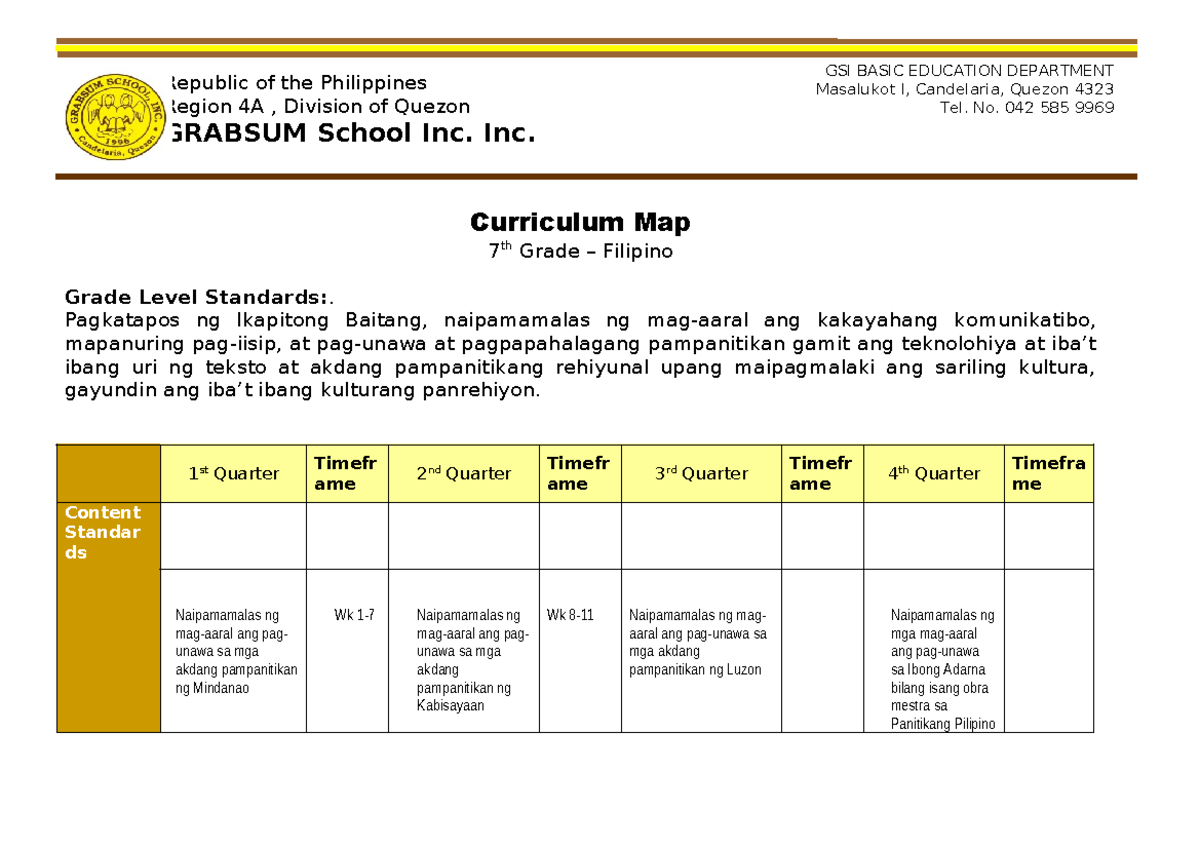 507634302 Curriculum Map Filipino 7 - Curriculum Map 7 th Grade ...