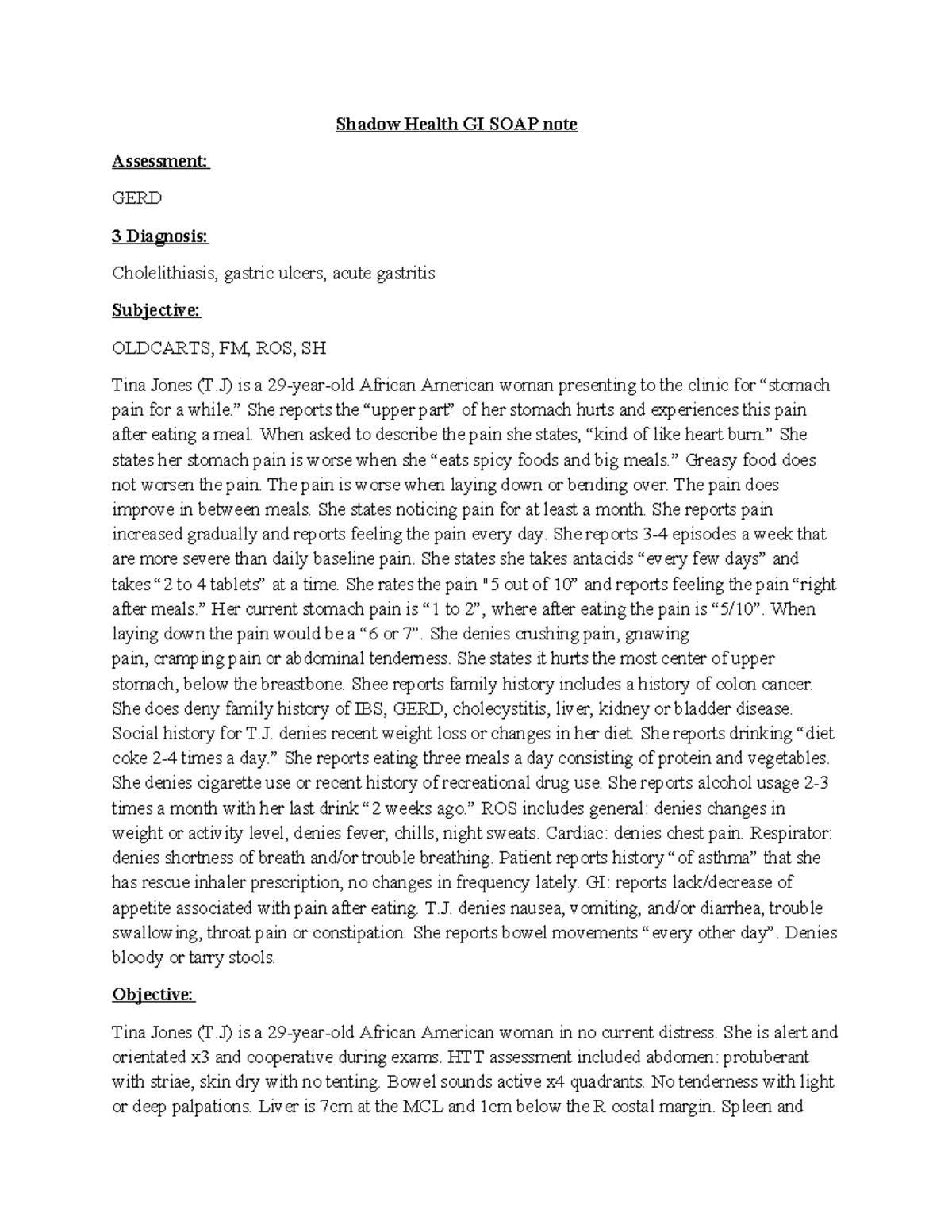 Shadow Helath GI SOAP note - Shadow Health GI SOAP note Assessment ...