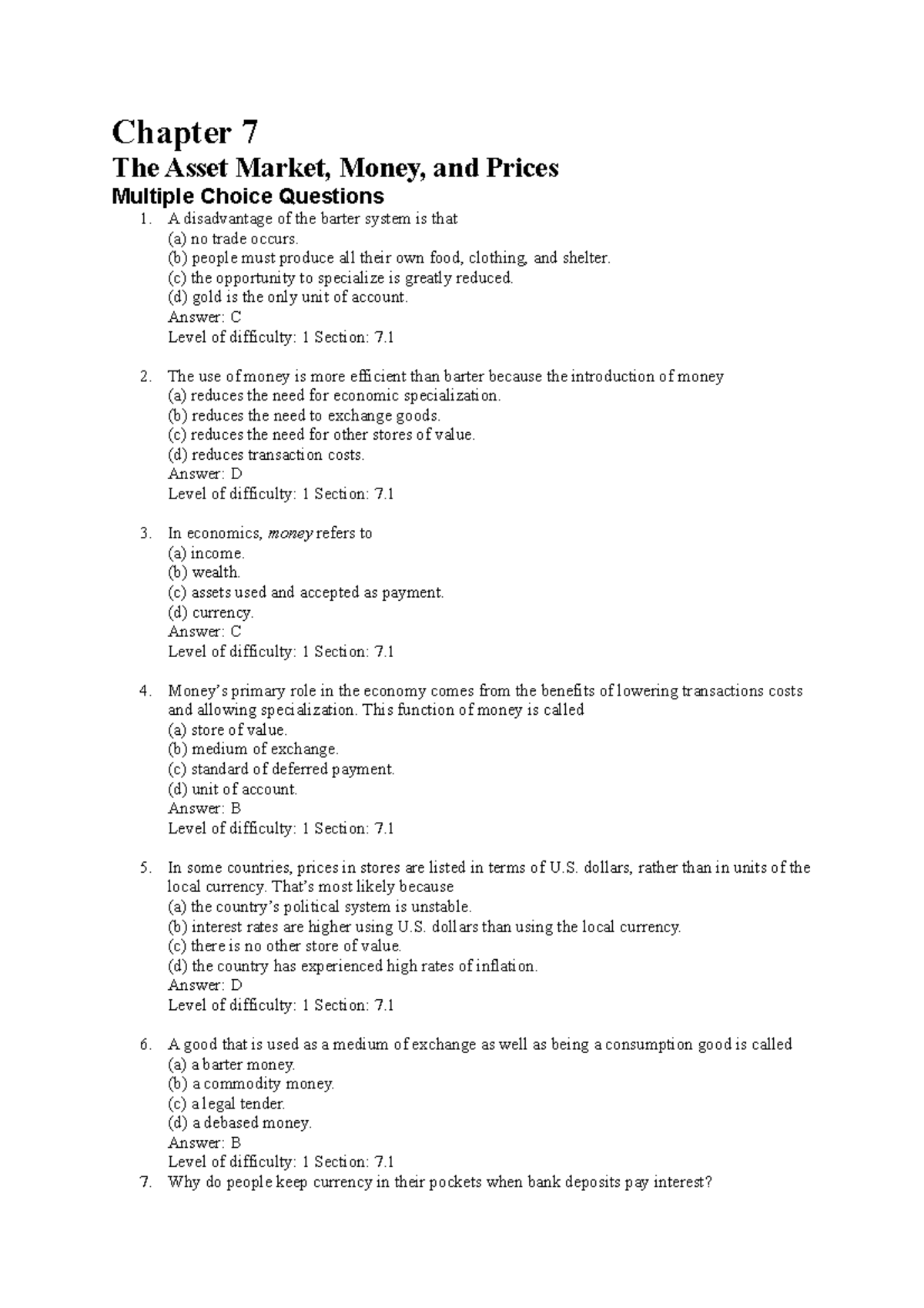 Practice questions for ECF2331 - Chapter 7 The Asset Market, Money, and ...