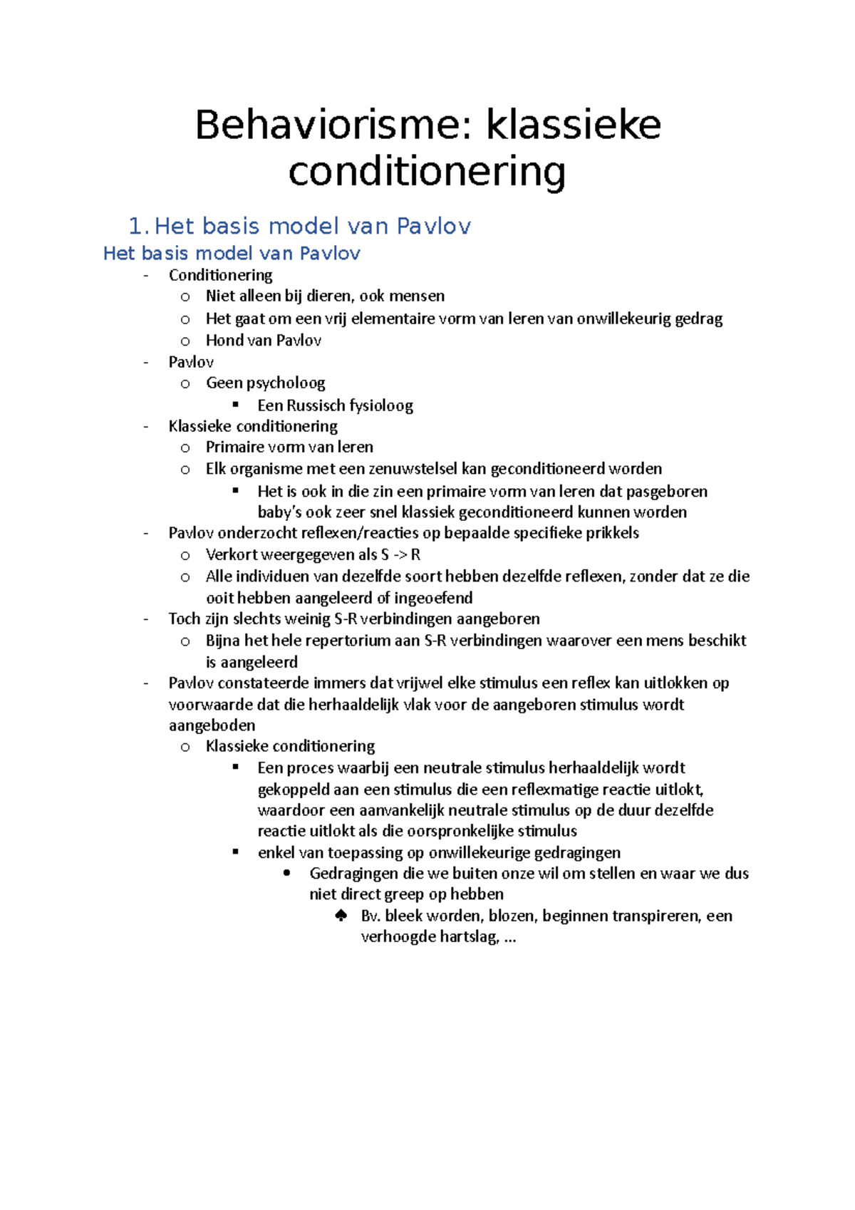 Behaviorisme - samenvatting - Behaviorisme: klassieke conditionering 1 ...