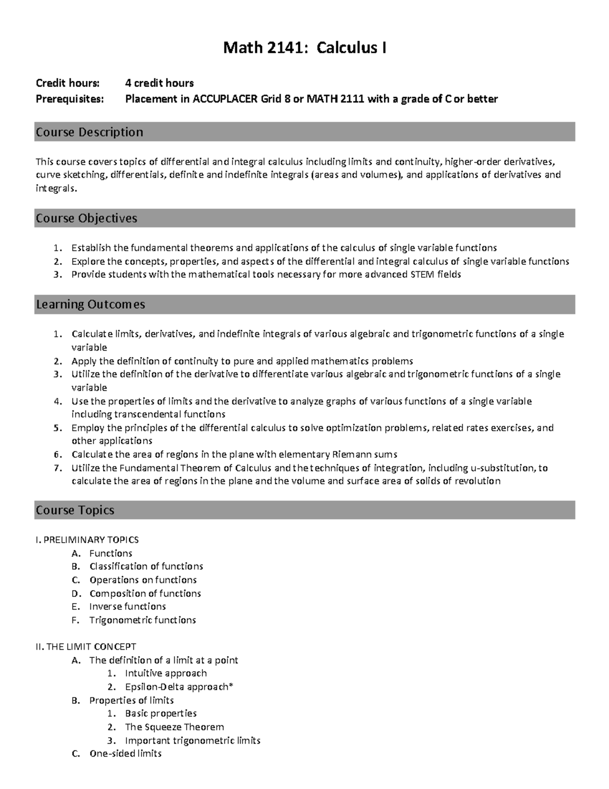 Math2141spring 2019 1 - Course outline - Math 2141 : Calculus I Credit ...