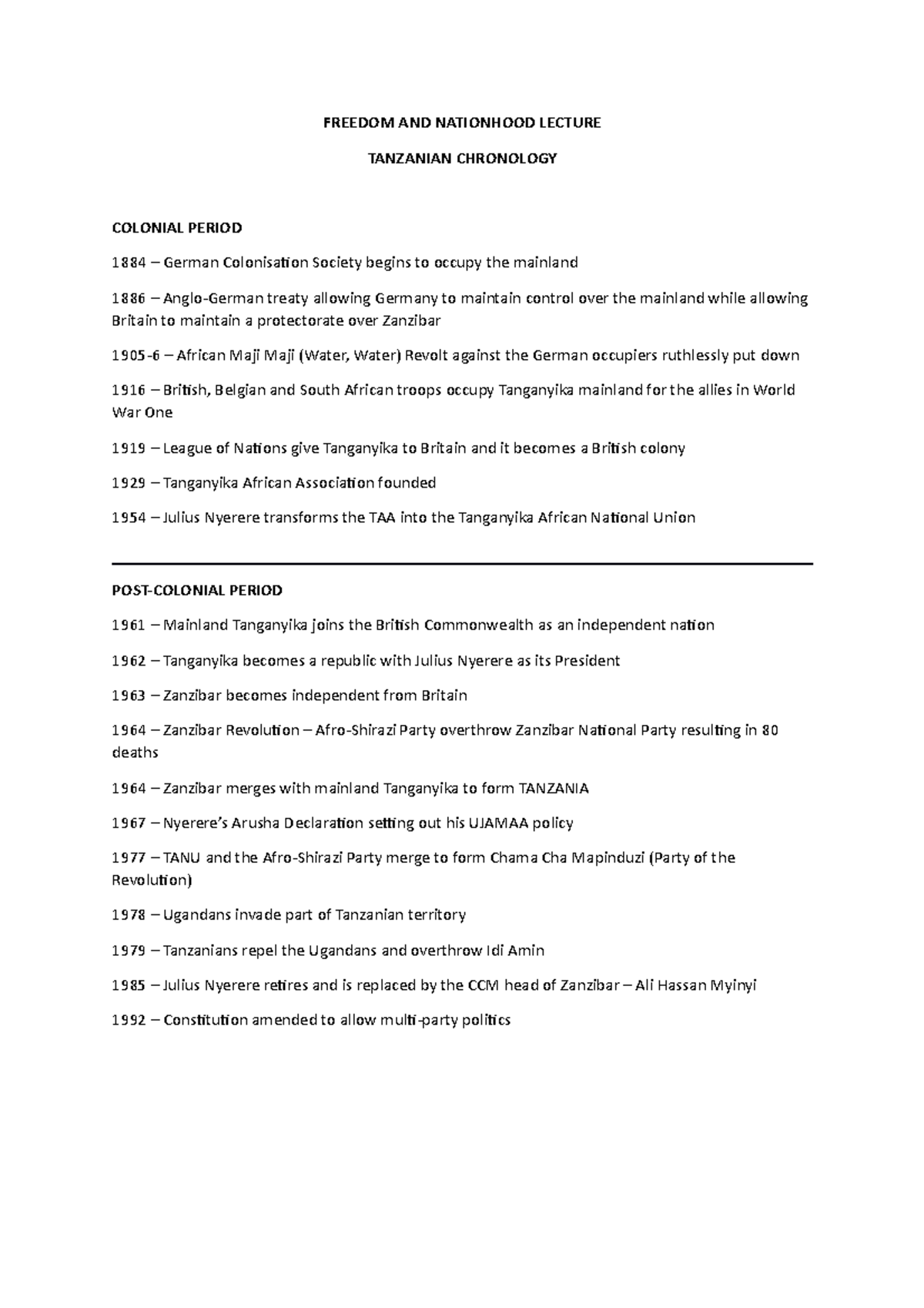 Tanzanian Chronology Handout - FREEDOM AND NATIONHOOD LECTURE TANZANIAN ...