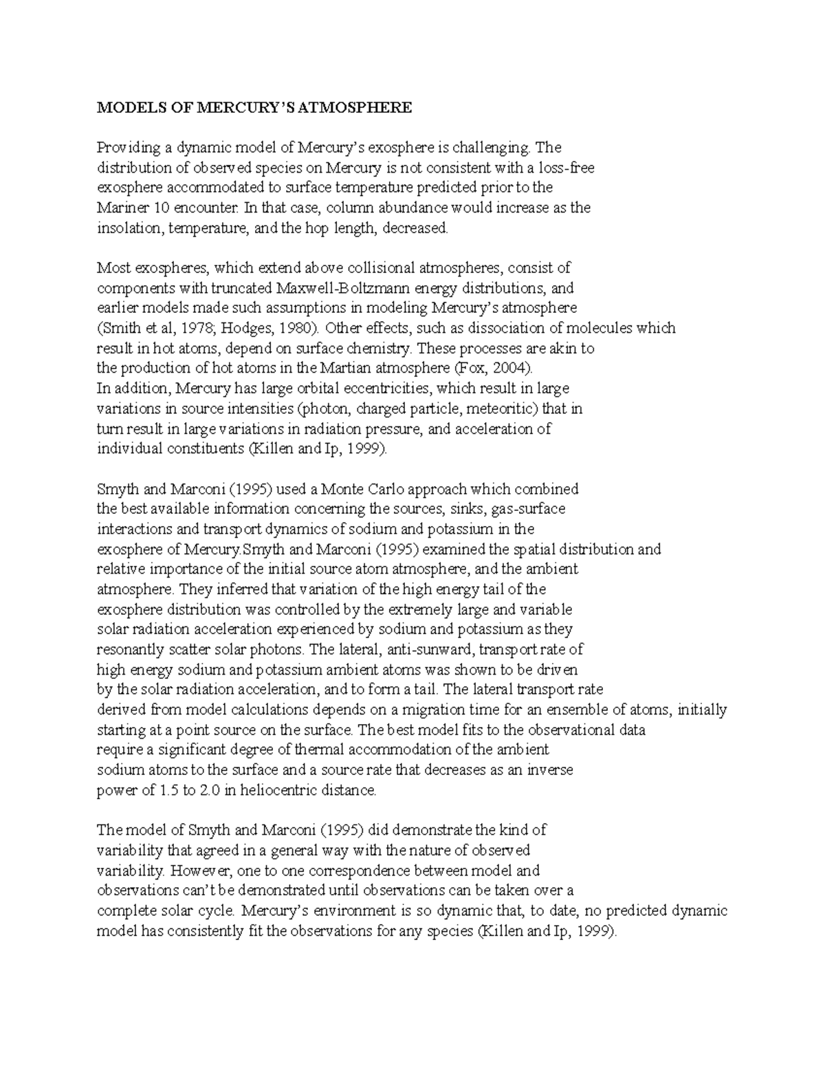 Models OF Mercury - MODELS OF MERCURY’S ATMOSPHERE Providing a dynamic ...