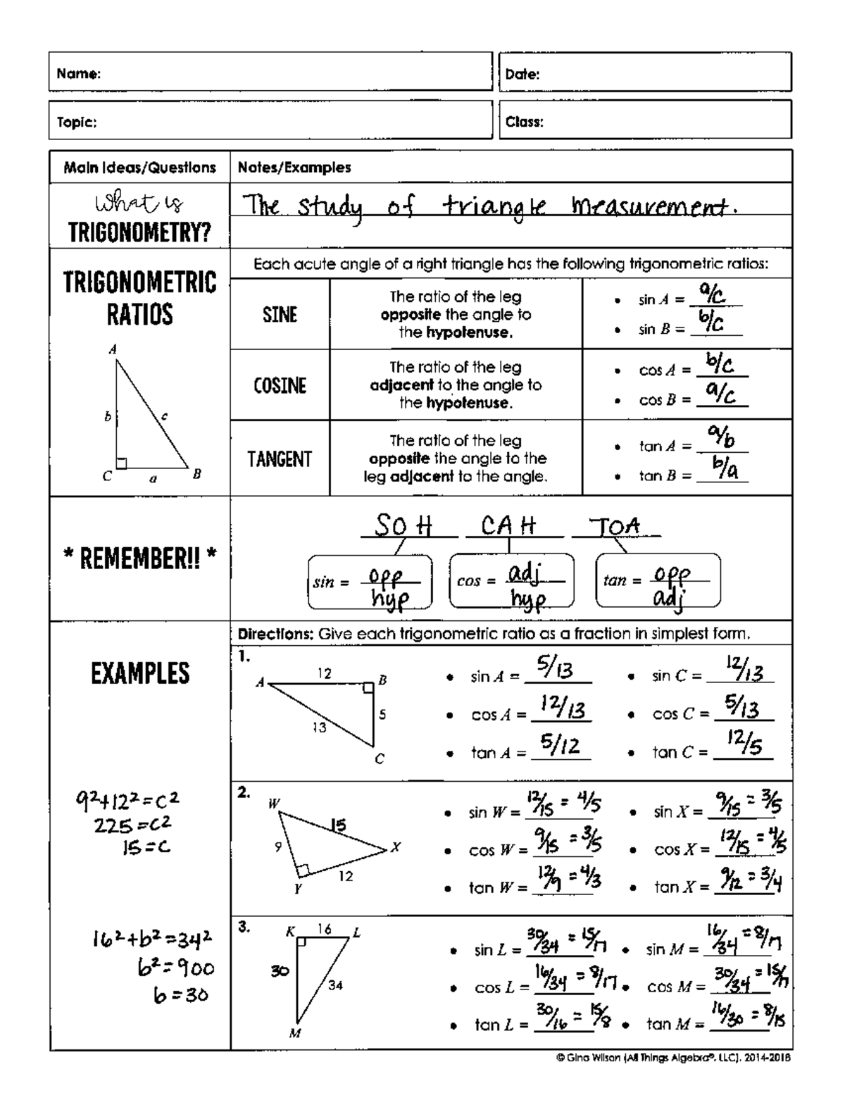U7L4 Trig Ratios and Missing Sides Notes - Studocu