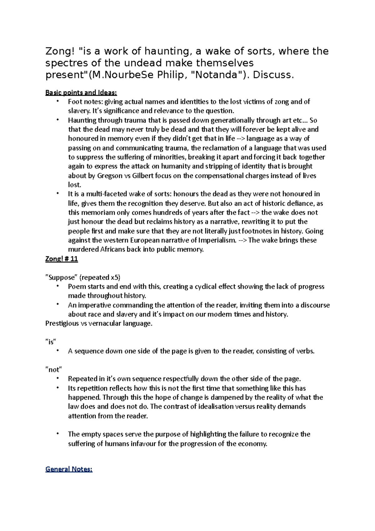 Zong Essay Prep - Zong! "is a work of haunting, a wake of sorts, where ...
