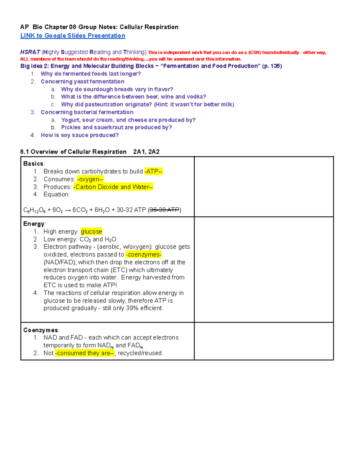 AP Biology Ch 8 - AP Bio Chapter 08 Group Notes: Cellular Respiration ...