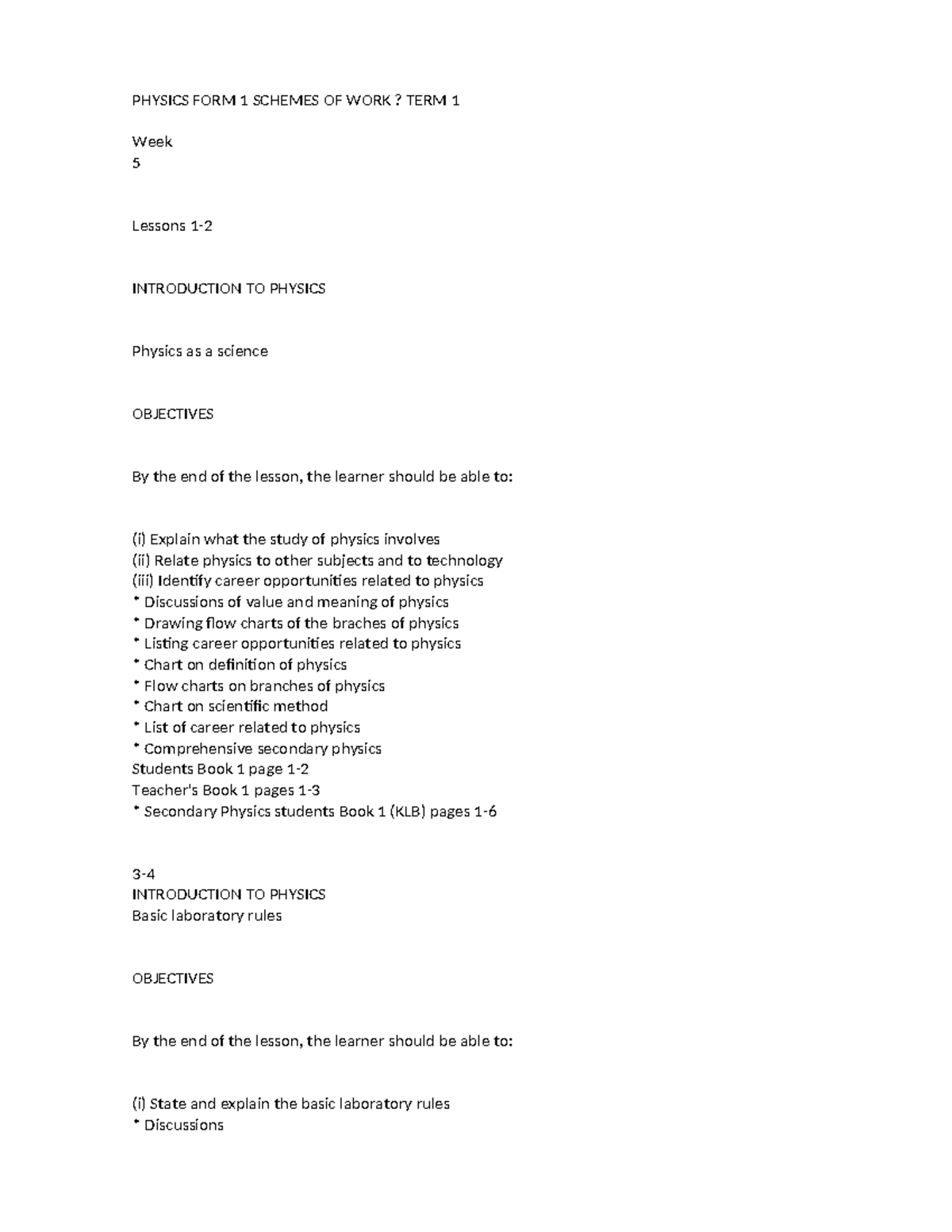 Lesson Plans Physics Form I IV - PHYSICS FORM 1 SCHEMES OF WORK? TERM 1 ...