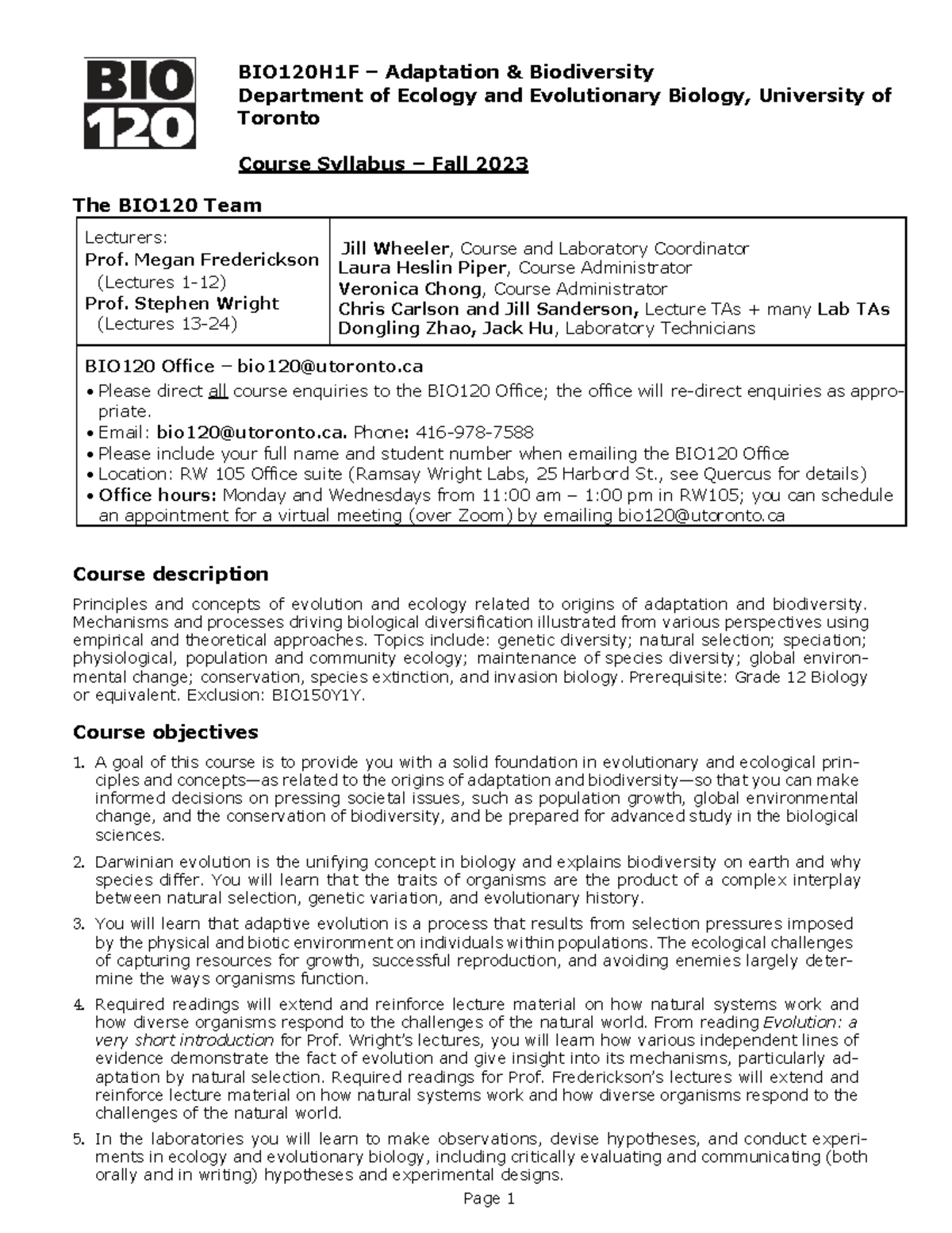 BIO120 Syllabus F2023 - BIO120H1F – Adaptation & Biodiversity ...