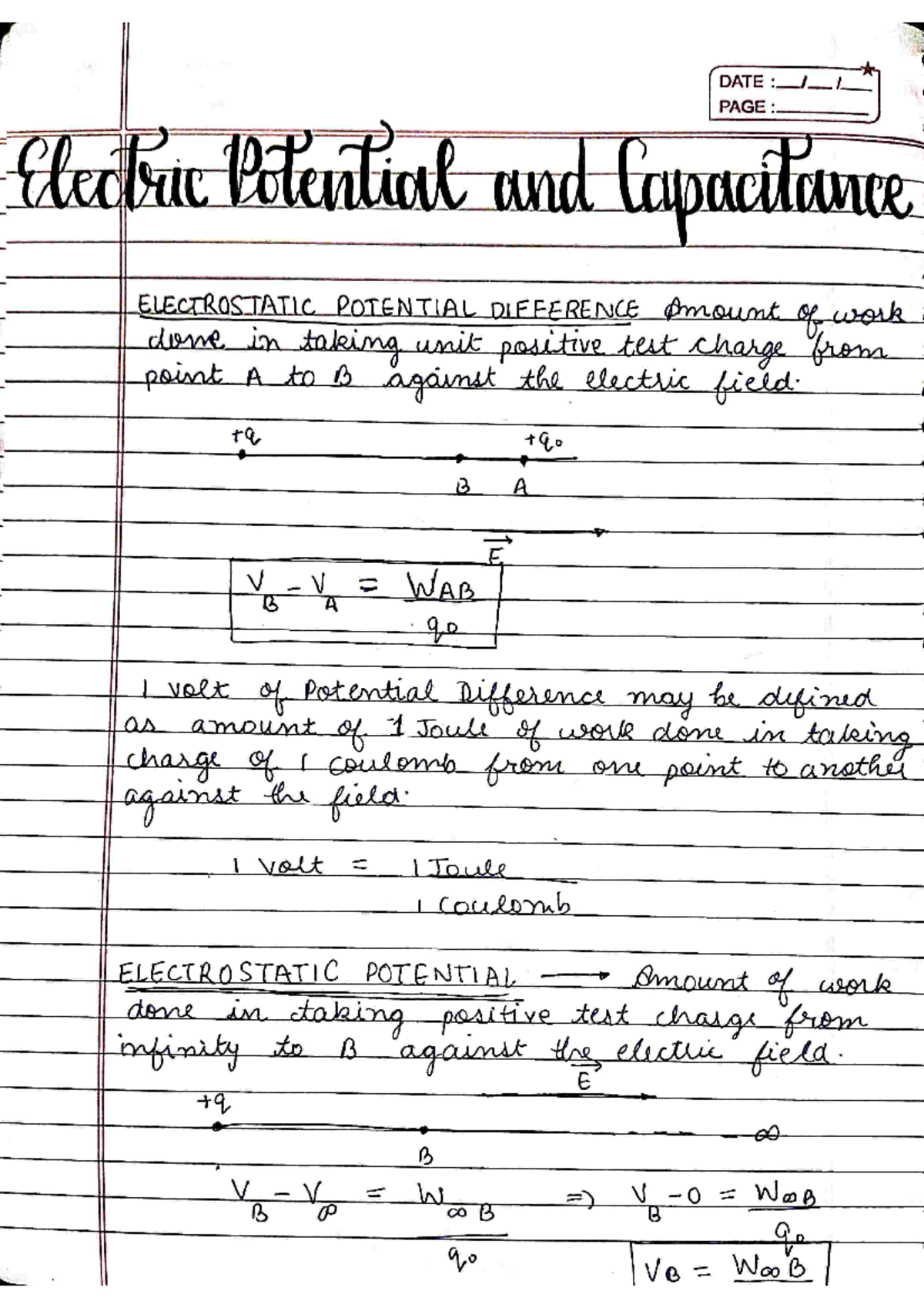Electric Potential and Capacitance - tq B A E V WAB B A 90 I volt of ...