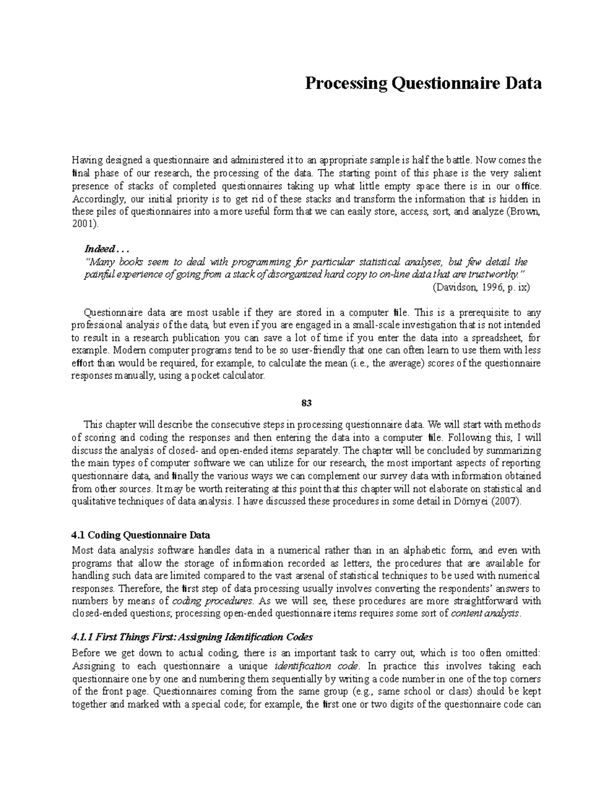 Processing Questionnaire Data - Processing Questionnaire Data Having ...