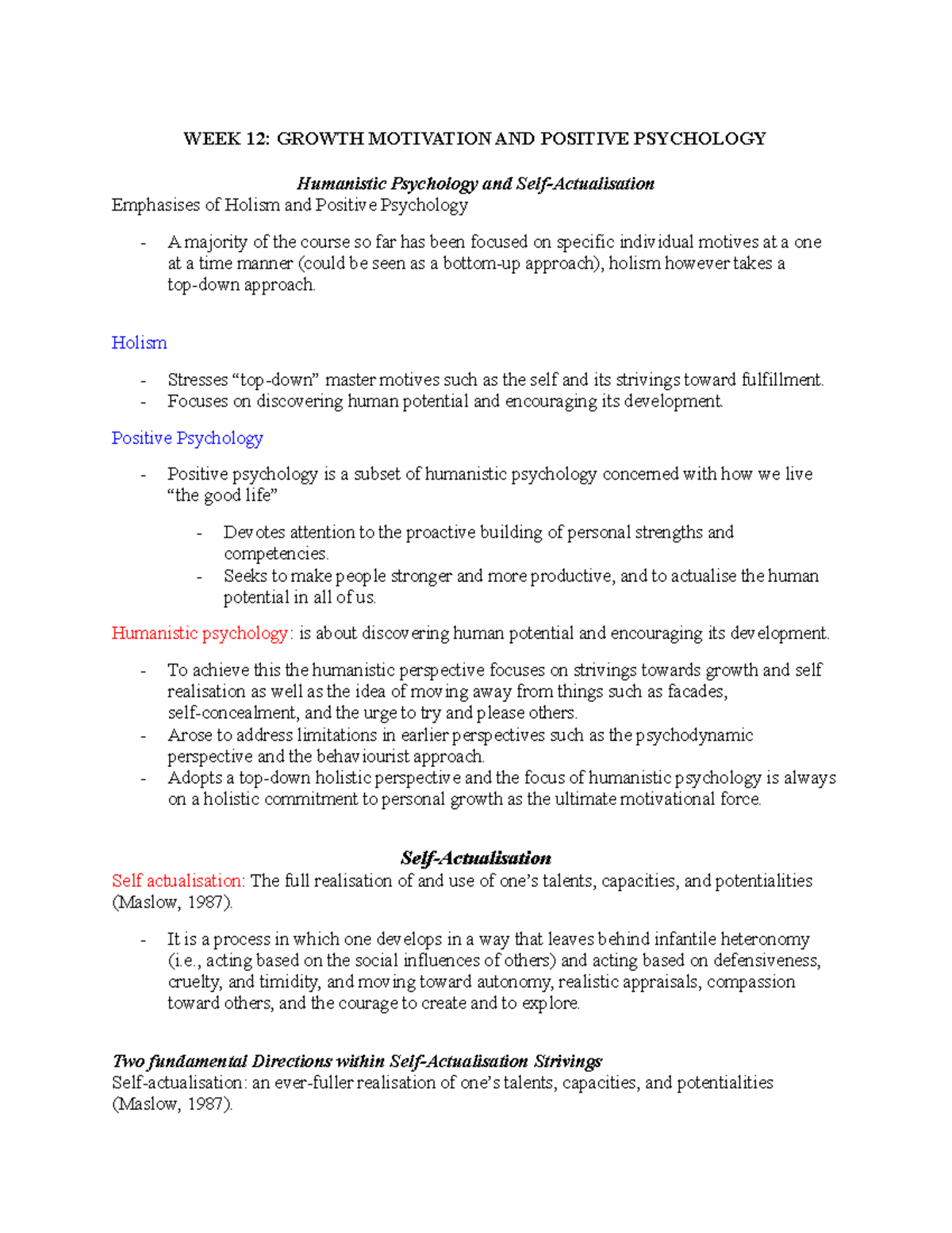 PSY205 WEEK 12 Growth Motivation AND Positive Psychology Notes - PSY205 ...