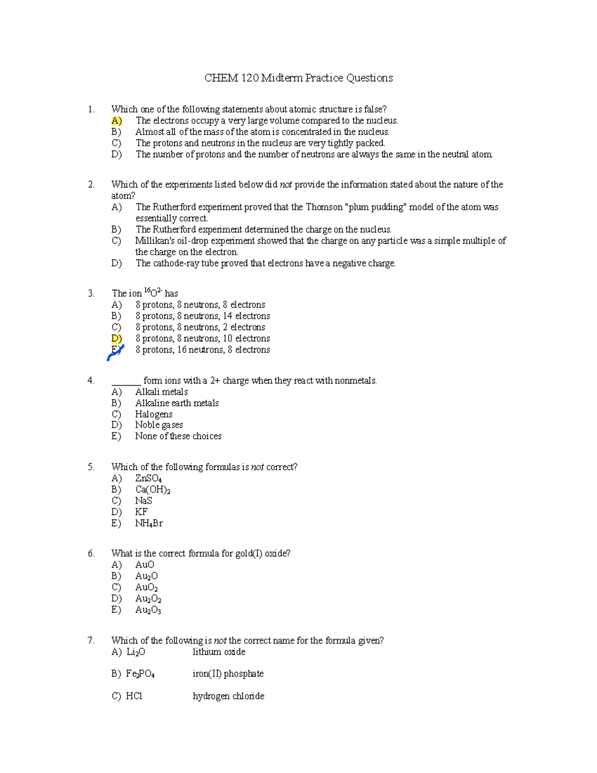 CHEM 121 Practice Midterm Questions Fall 2022 - CHEM 12 0 Midterm Practice Questions Which one ...