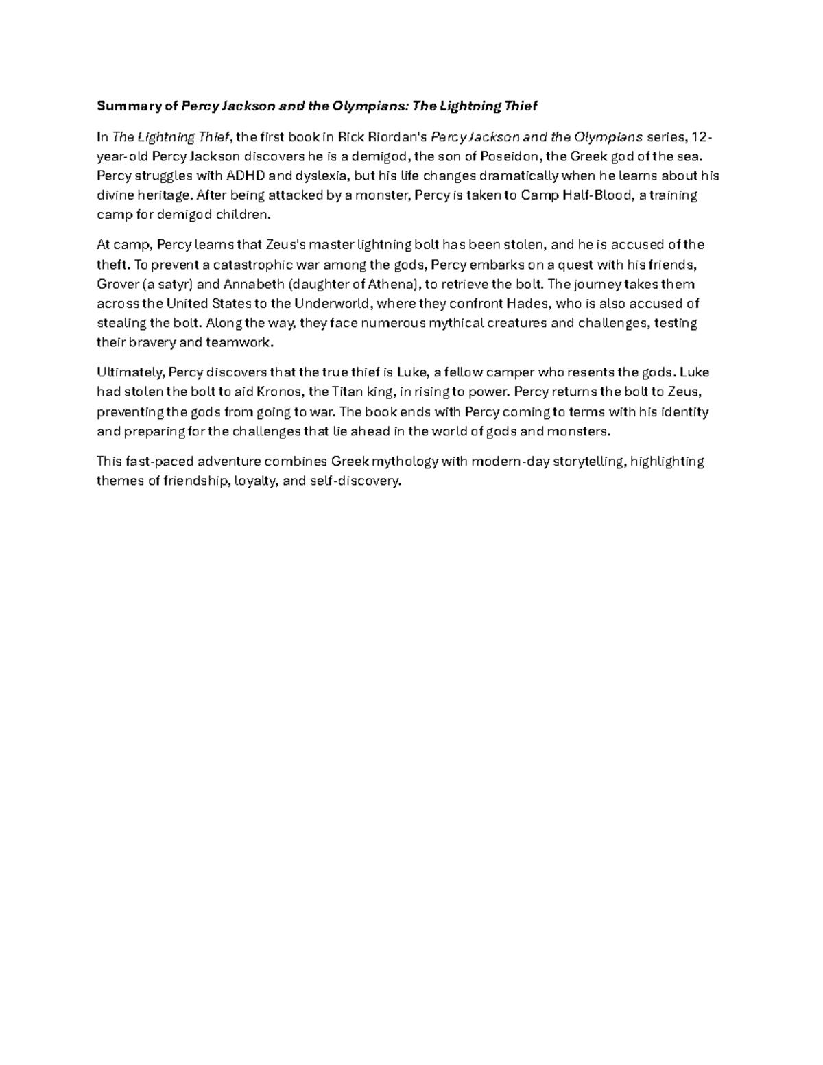 English Summary Pjson - Summary of Percy Jackson and the Olympians: The ...