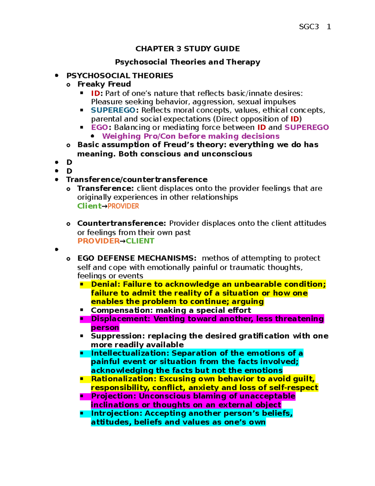 Chapter 3 Study Guide - Psychosocial theories and therapy lecture ...
