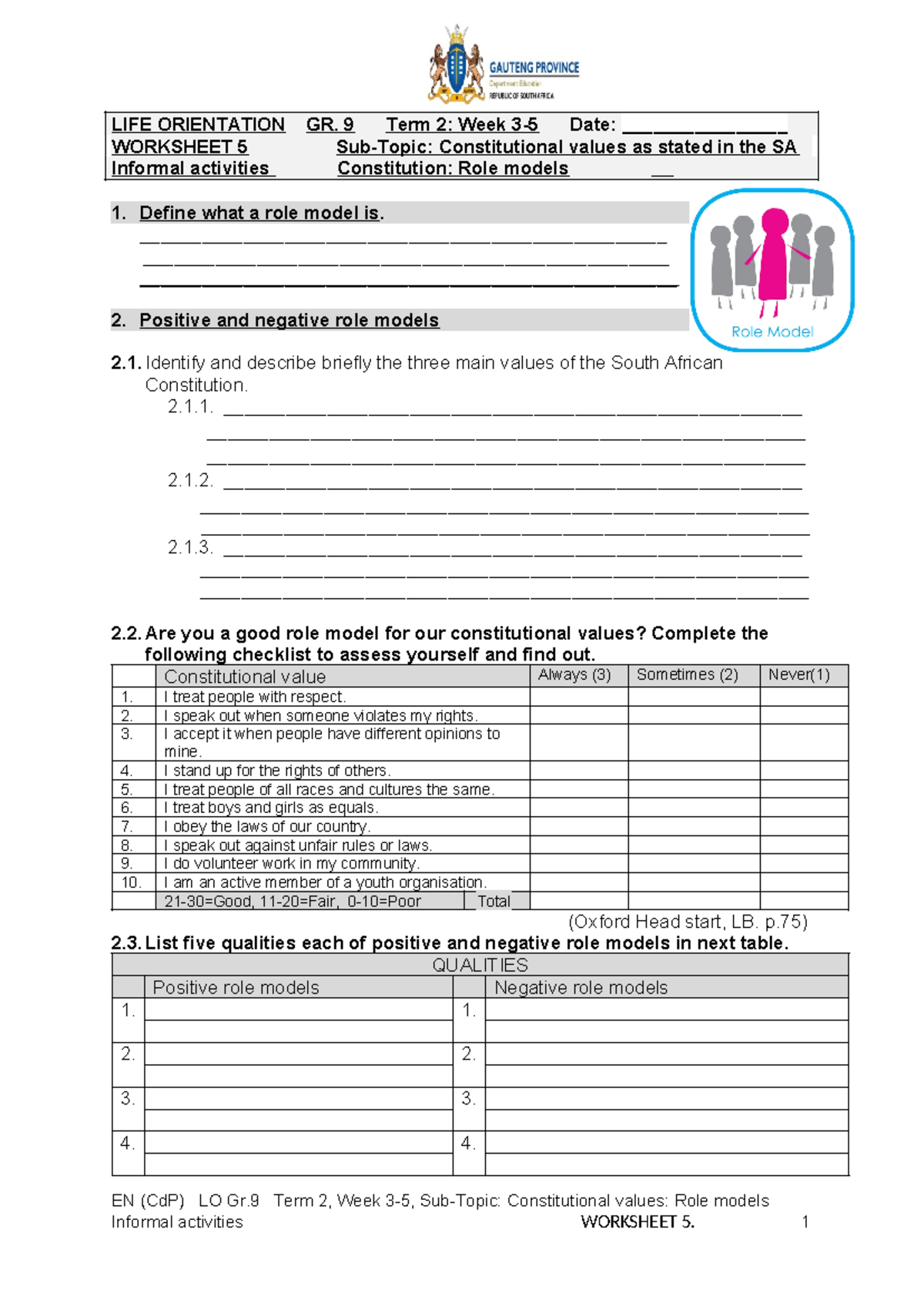 Gr. 9,Term 2, Week 3-5, Constitutional values, Role models - LIFE ...
