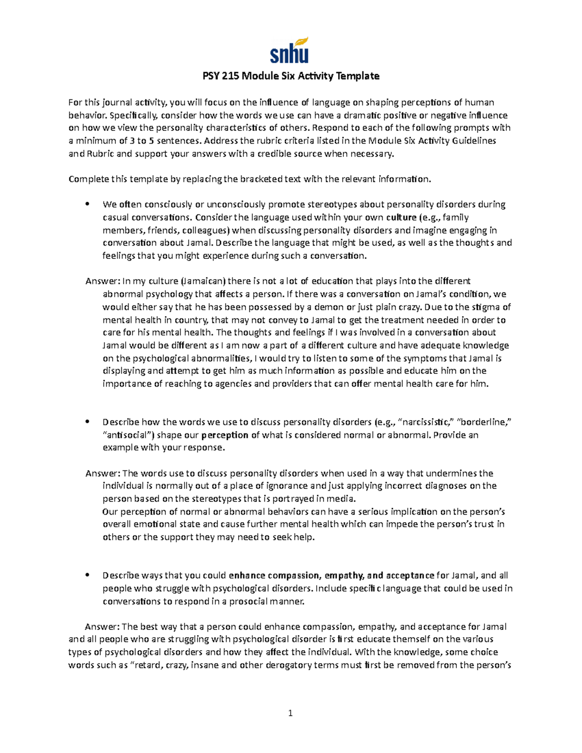 PSY 215 Module Six Activity Template - PSY 215 Module Six Activity ...