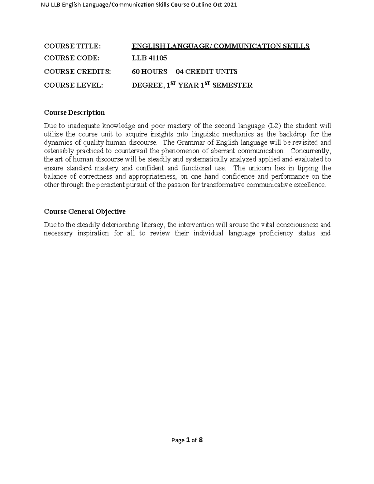 Course Outline Eng Lang and Comm Skills LLB (1) - COURSE TITLE: EN G LI ...