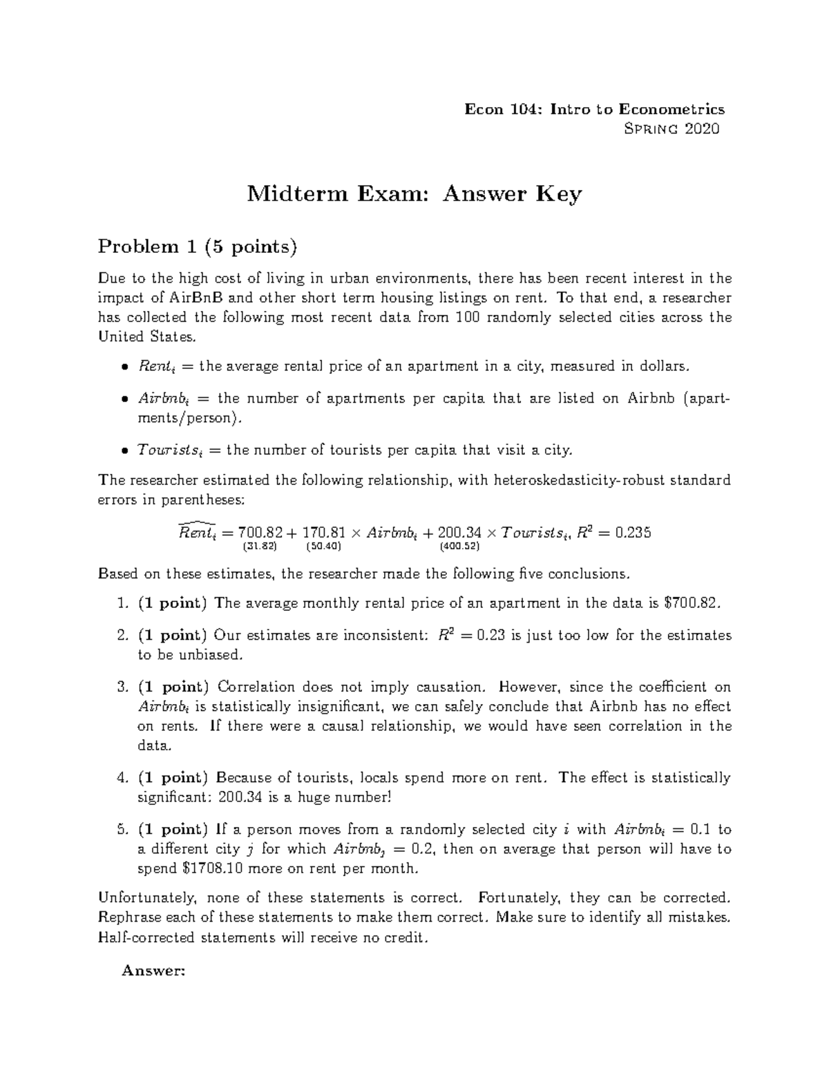 Midterm 2020AK - Solutions to practice questions for the course - Econ 104: Intro to ...