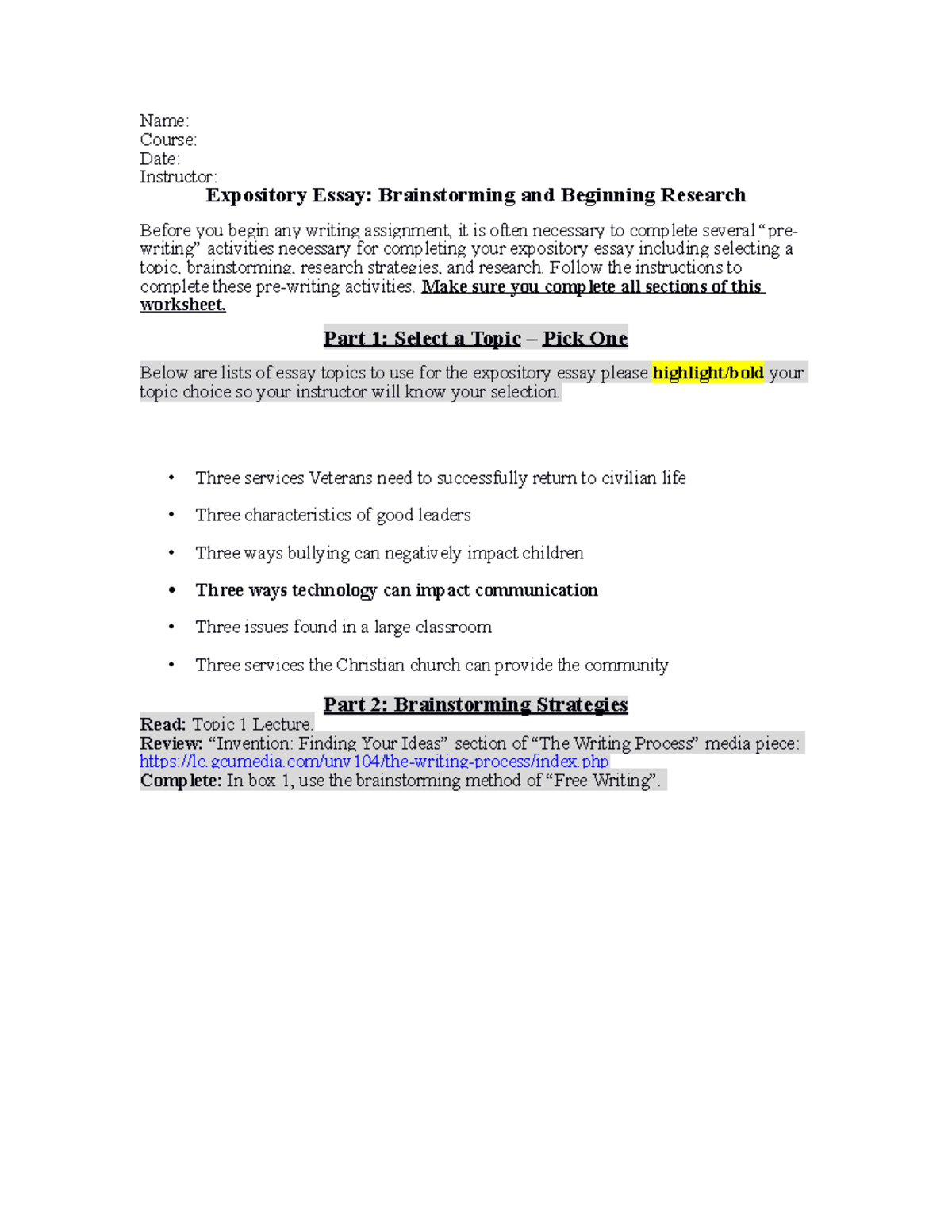 UNV-104-T1-Brainstorming and Beginning Research Worksheet 1 - Name ...