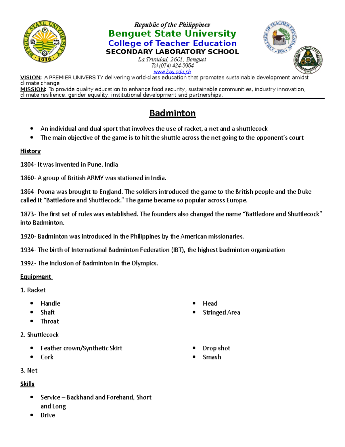 Badminton Hand-Out - HAND OUT - Republic of the Philippines Benguet ...