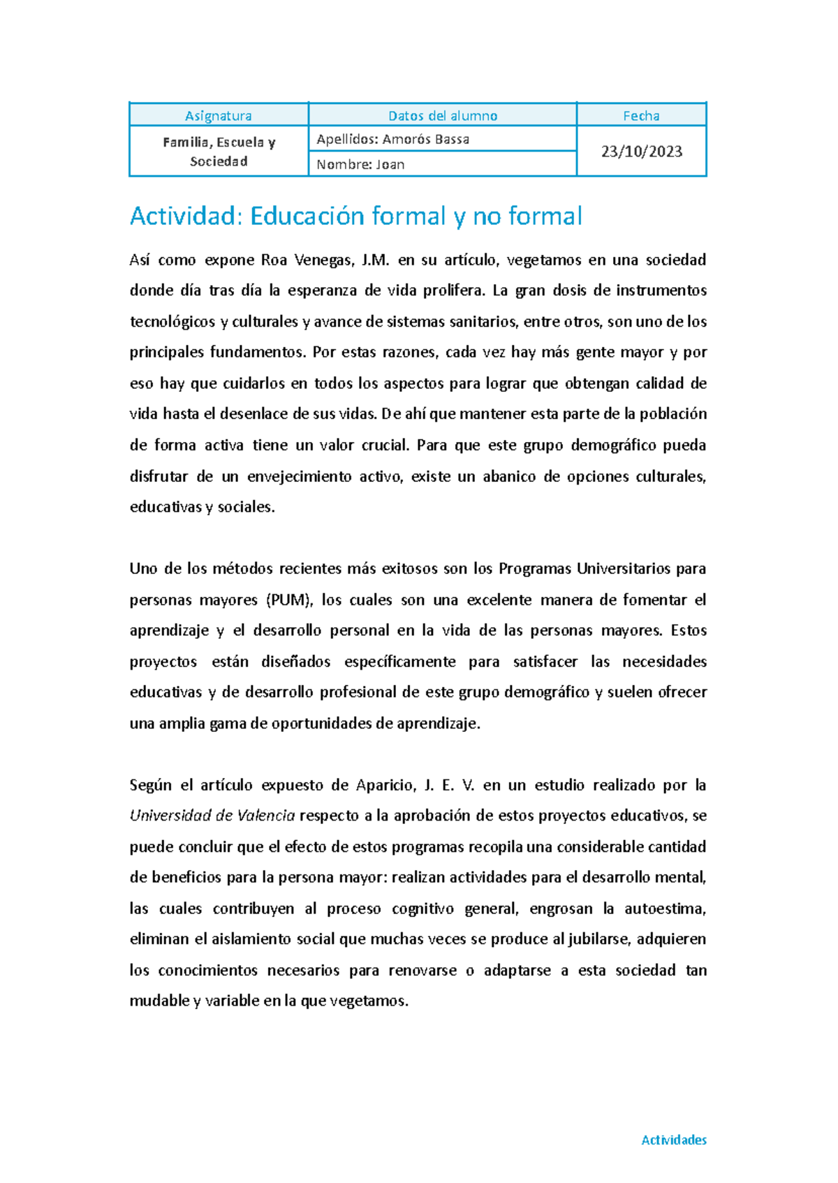Actividad Educación formal y no formal - Familia, Escuela y Sociedad ...