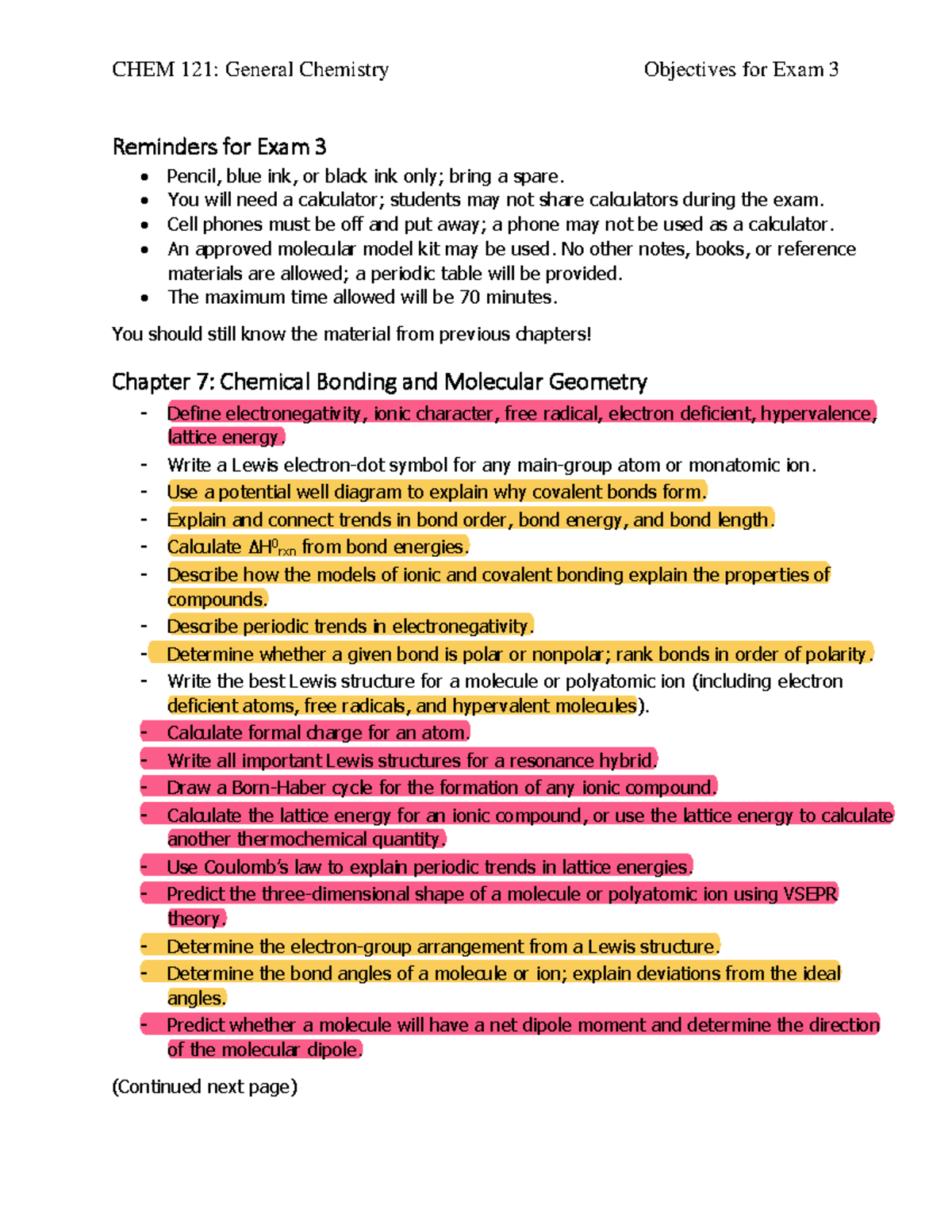 Objectives for Exam 3 - You will need a calculator; students may not ...