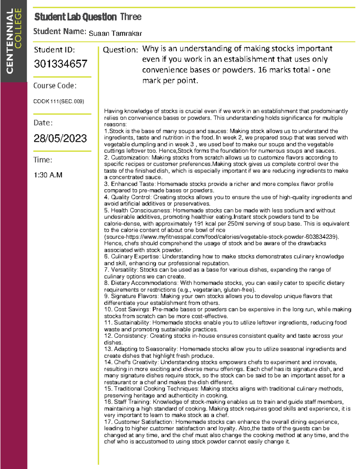 Food for Thought Question 3 - Cook-111 - Centennial College - Studocu