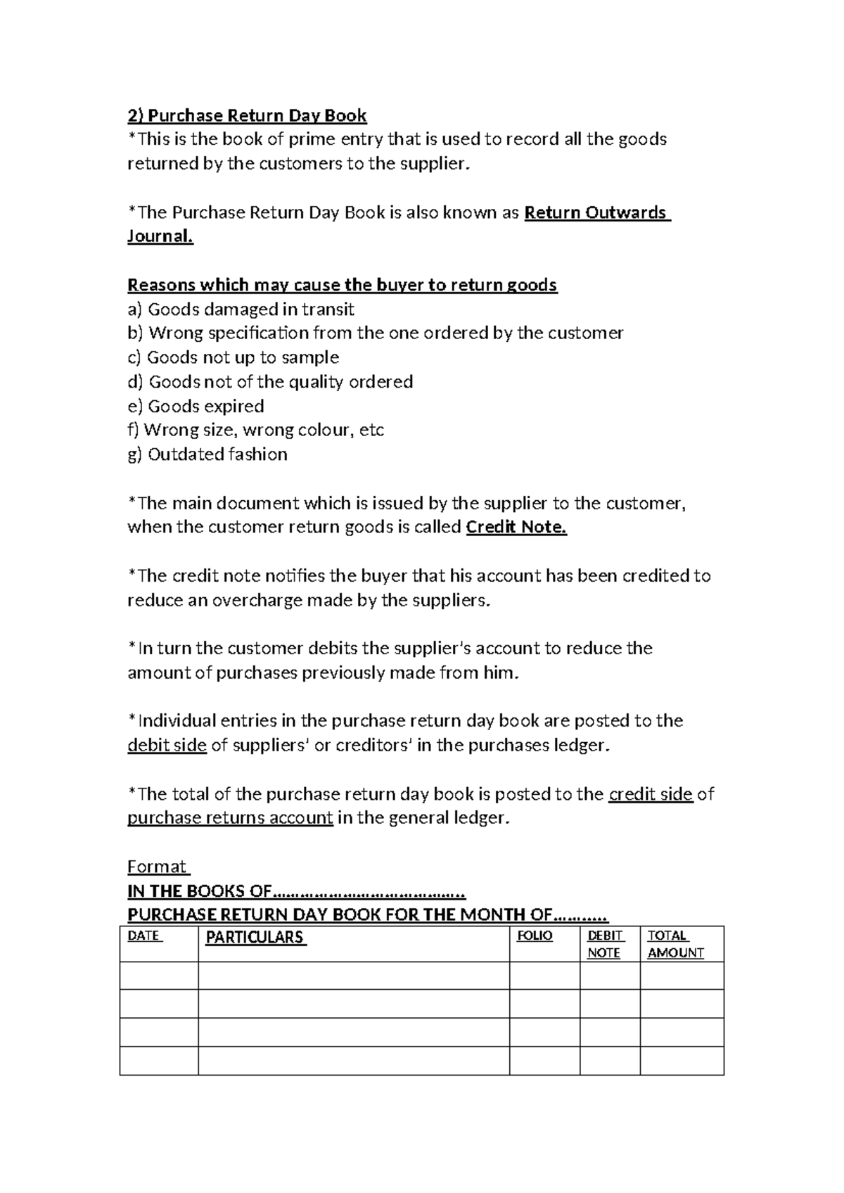 Bookkeeping Books of Prime Entry F2 notes - 2) Purchase Return Day Book ...