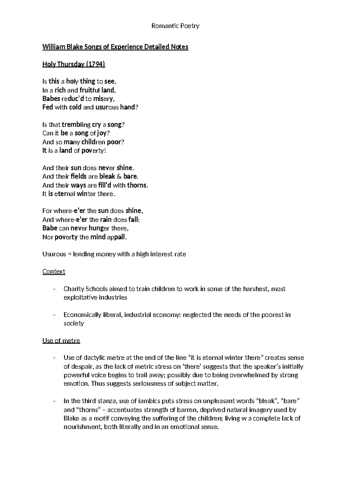 William Blake Songs of Experience Detailed Notes - And their fields are ...