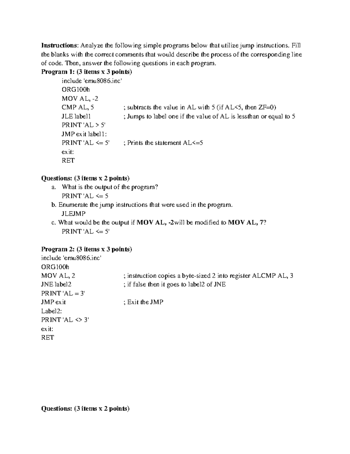Document 12 - Instructions: Analyze the following simple programs below ...