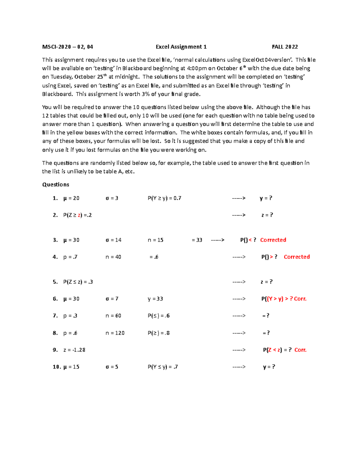 Excel Assignment 1 (corr) - MSCI-2020 – 02, 04 Excel Assignment 1 FALL ...