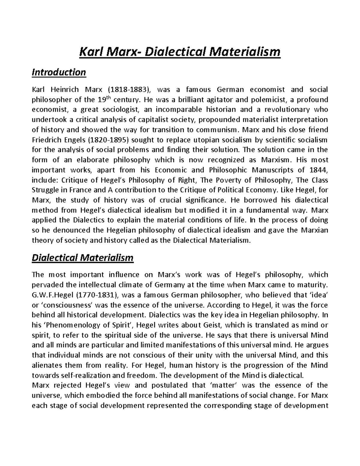 Karl Marx Dialectical Materialism - Karl Marx- Dialectical Materialism Introduction Karl ...