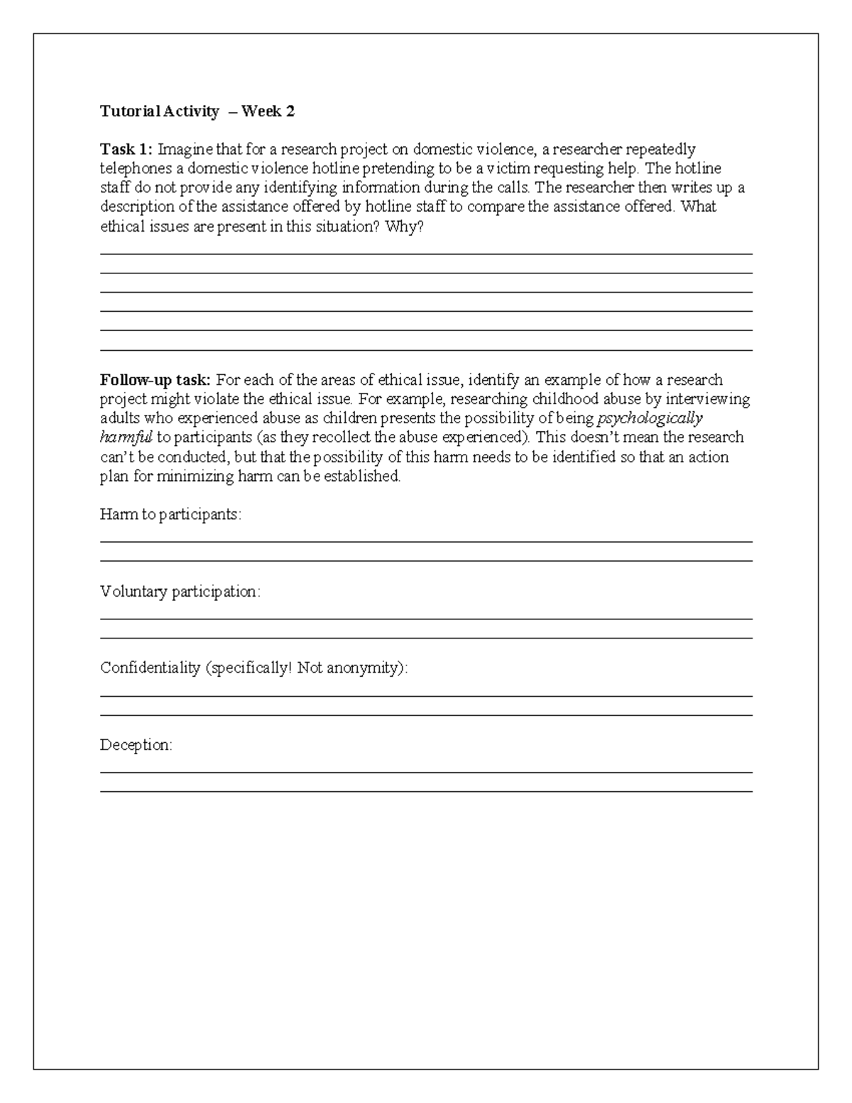 Tutorial Assignment 1b Woksheet Tutorial Activity Week 2 Task 1 Imagine That For A Research