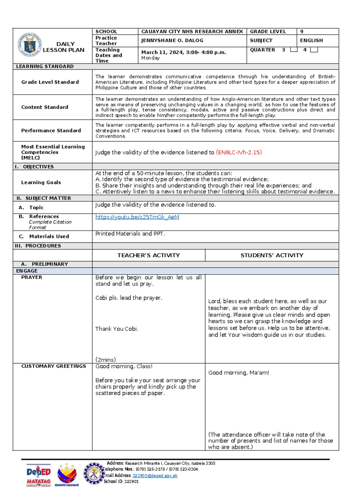 Q3W7- Monday-JS - DAILY LESSON PLAN SCHOOL CAUAYAN CITY NHS RESEARCH ...
