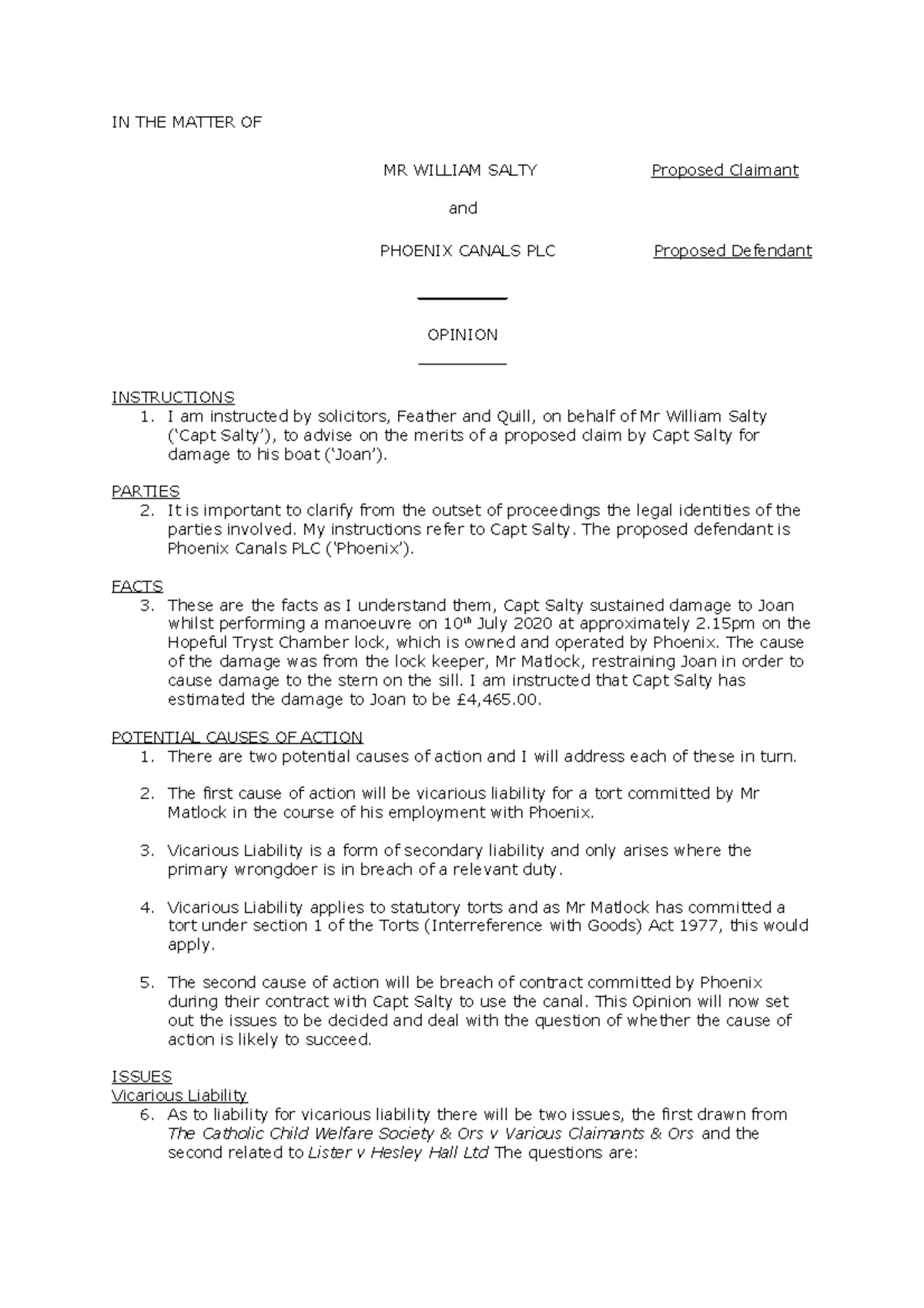 Opinion Writing Answer Seminar 4 - IN THE MATTER OF MR WILLIAM SALTY ...