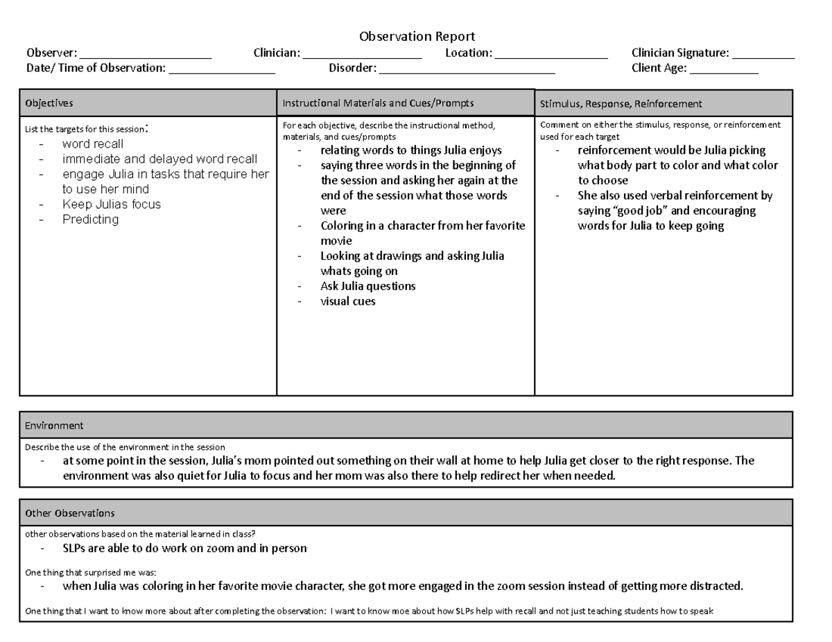 Observation Report - Julia - Observation Report Observer ...