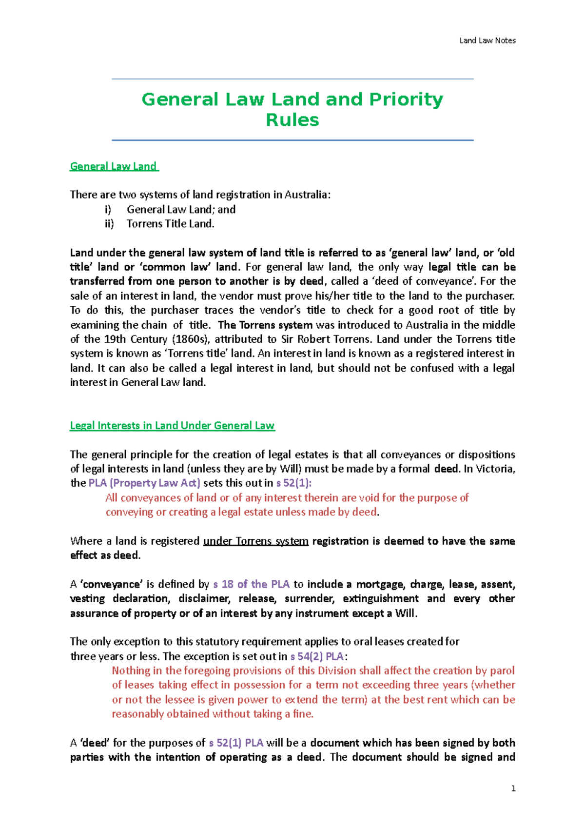 Topic 1 Detailed Notes - General Law Land and Priority Rules General ...