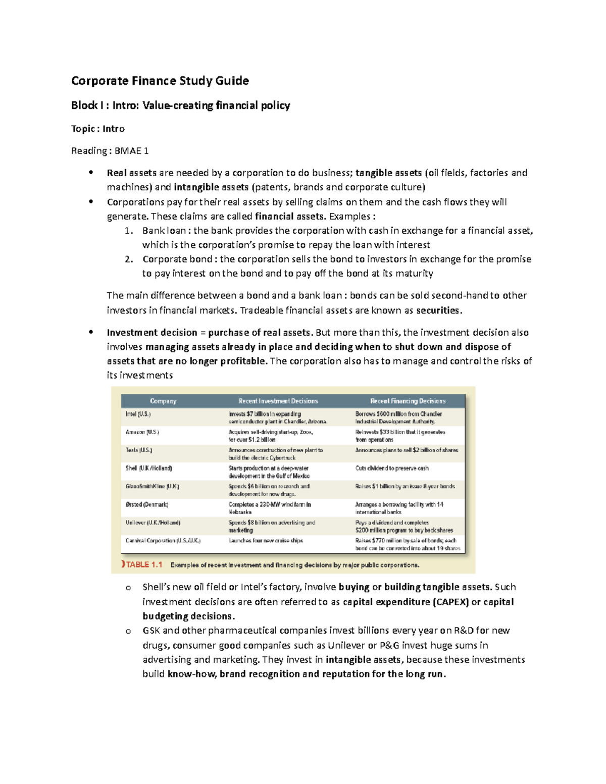 Self Made Study Guide - Summary of Chapter 1 and 13 - Corporate Finance ...