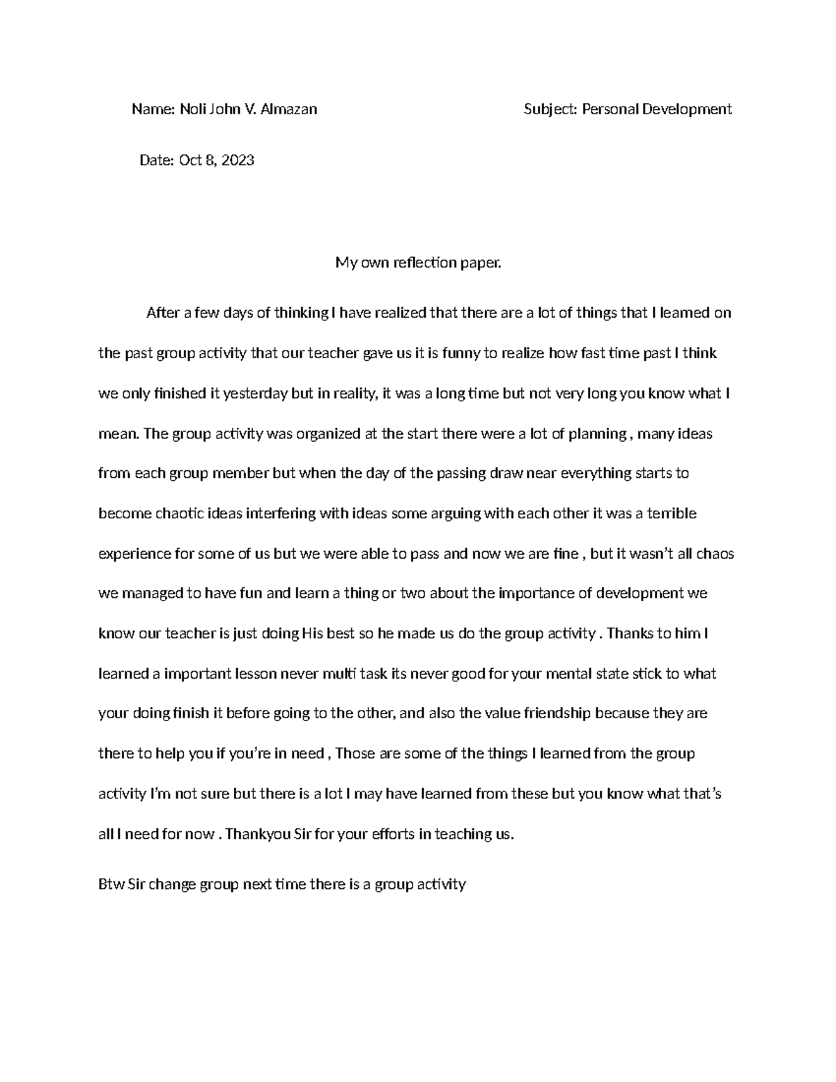 Per dev - Name: Noli John V. Almazan Subject: Personal Development Date ...