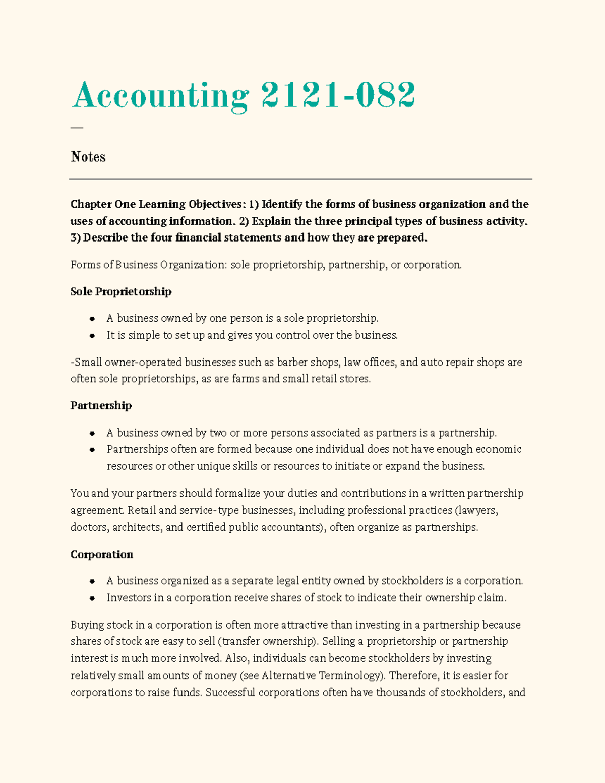 principles of accounting notes chapters 1&2 - Accounting 2121 ...