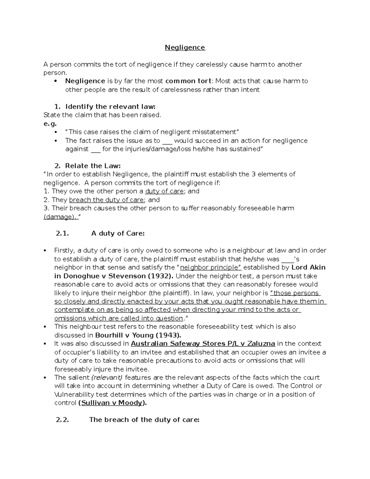 Negligence Test Note - Negligence A person commits the tort of ...