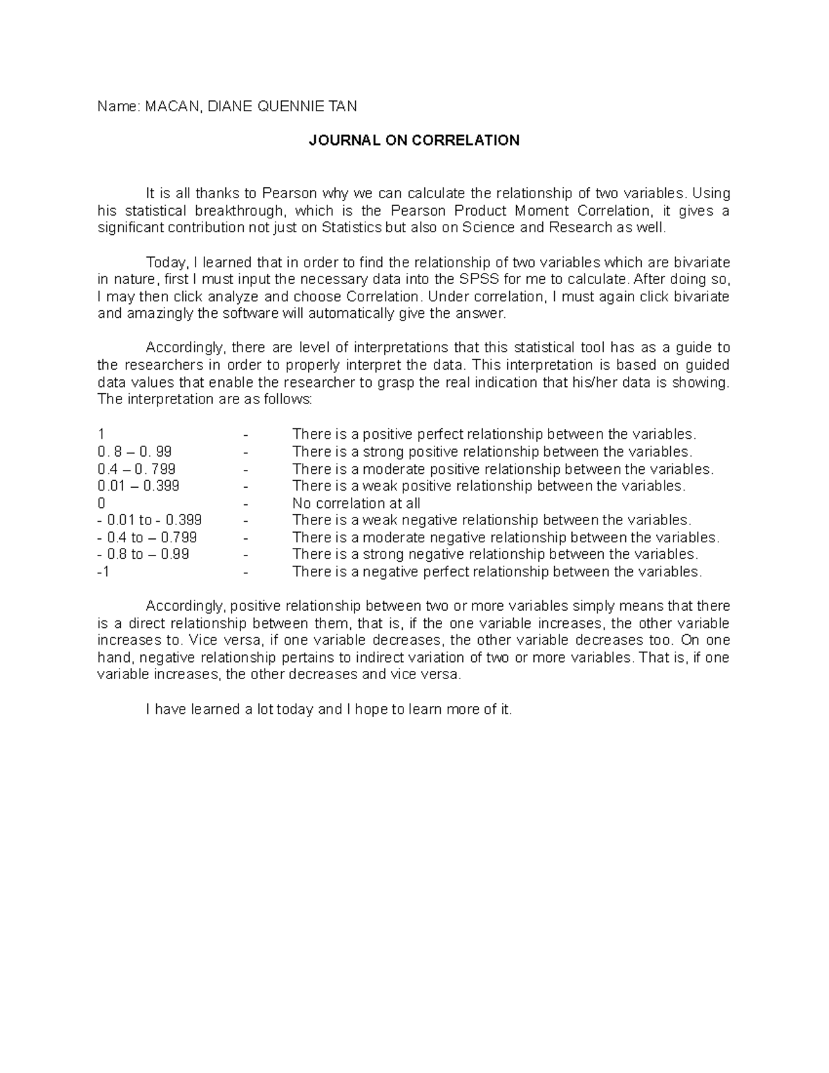 Journal Correlation-1 - Name: MACAN, DIANE QUENNIE TAN JOURNAL ON ...