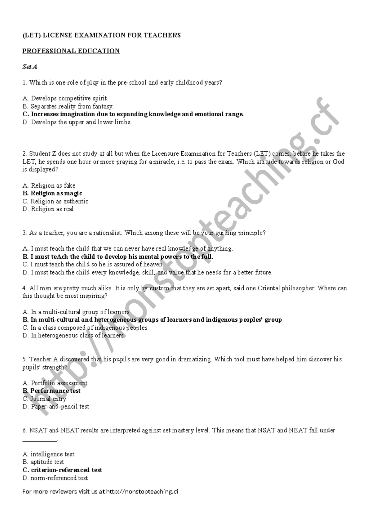 Professional Education Set A - (LET) LICENSE EXAMINATION FOR TEACHERS ...