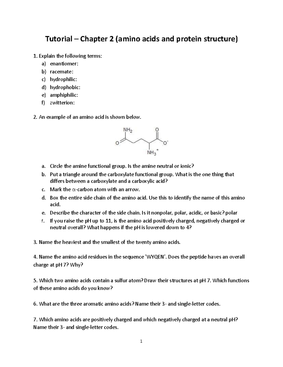 Tutorial 3 - amino acids and proteins - Tutorial – Chapter 2 (amino ...