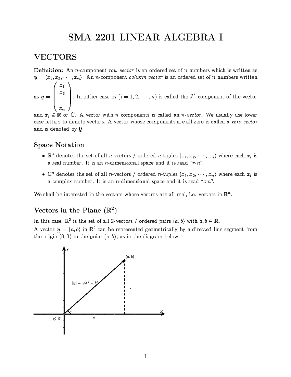 SMA 2201 Linear Algebra I Notes 1 - SMA 2201 LINEAR ALGEBRA I VECTORS ...