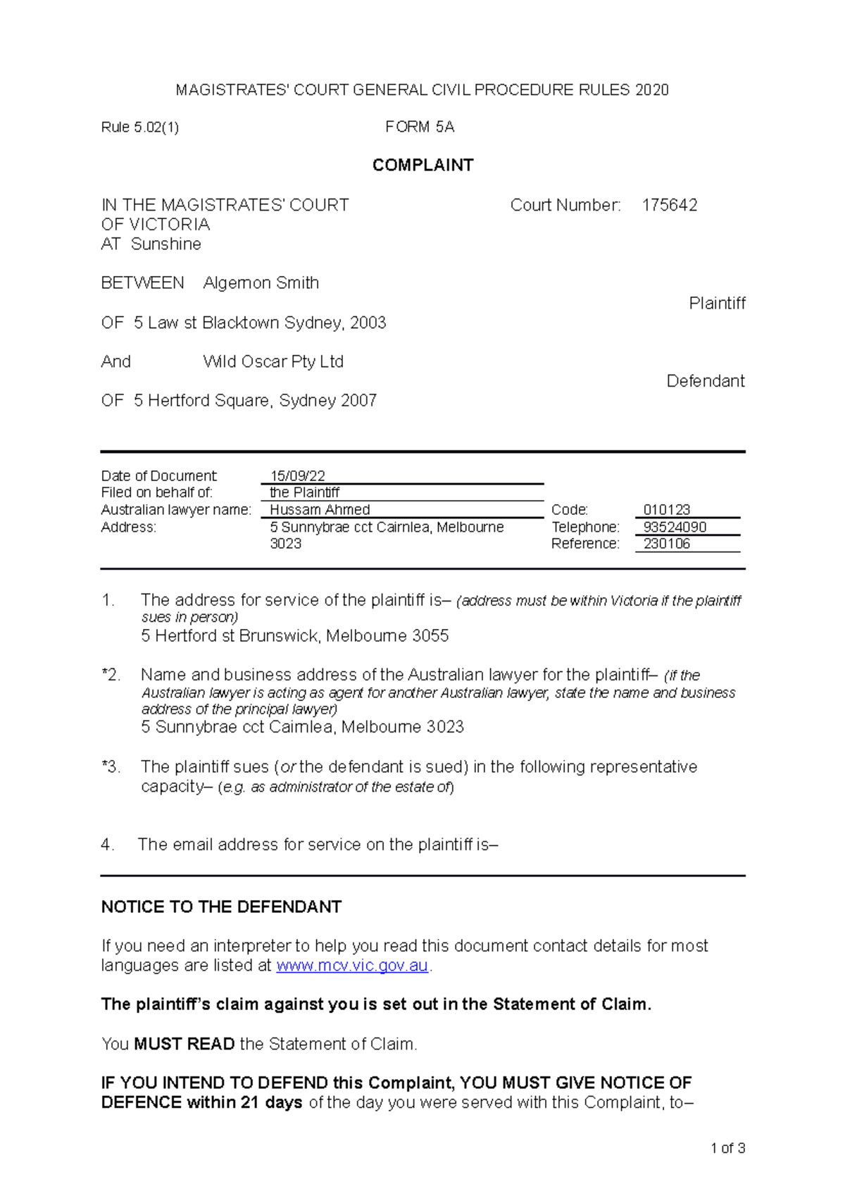 Form 5A - Complaint - egdw erre h - MAGISTRATES' COURT GENERAL CIVIL ...