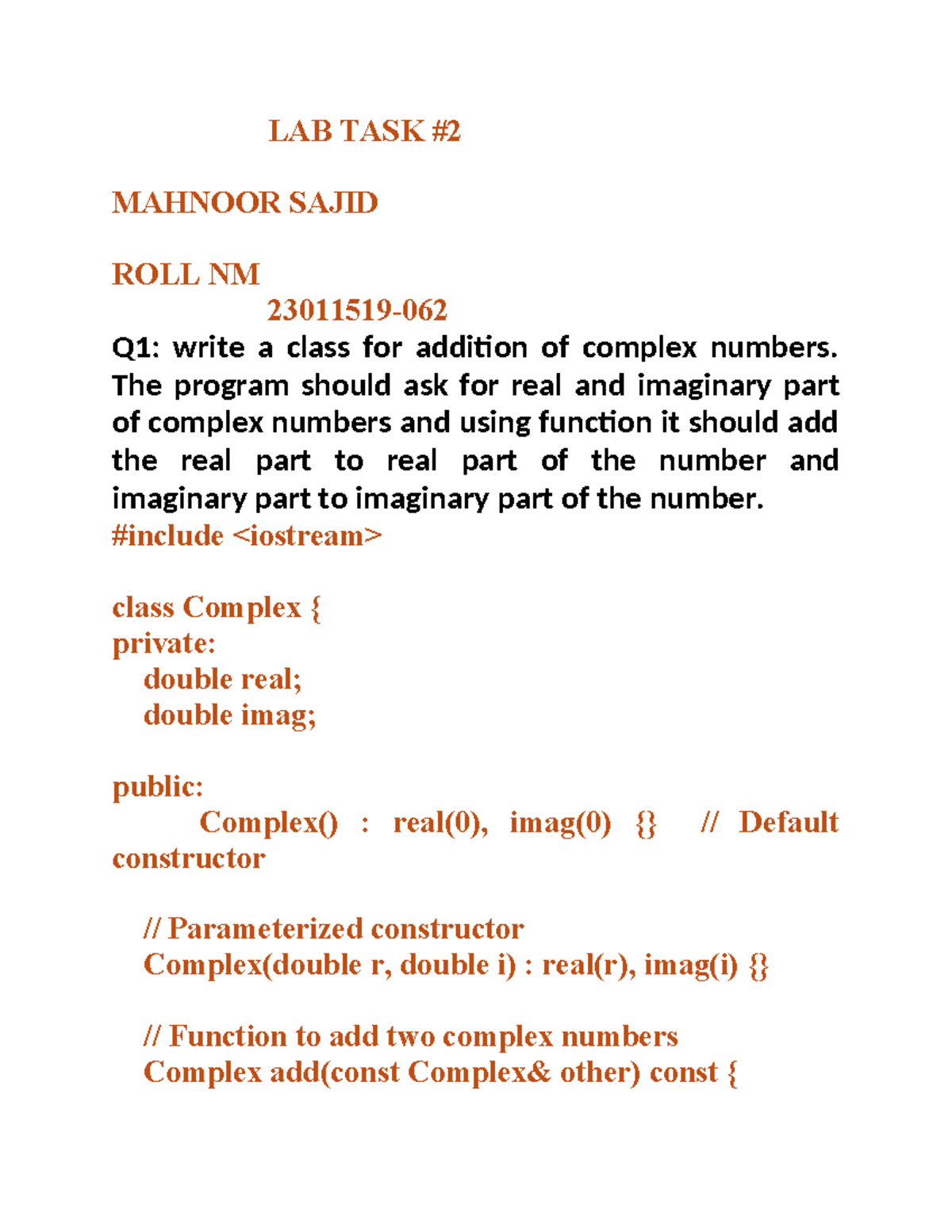 LAB TASK 1 - jutrerresresst - LAB TASK MAHNOOR SAJID ROLL NM 23011519- Q1: write a class for ...