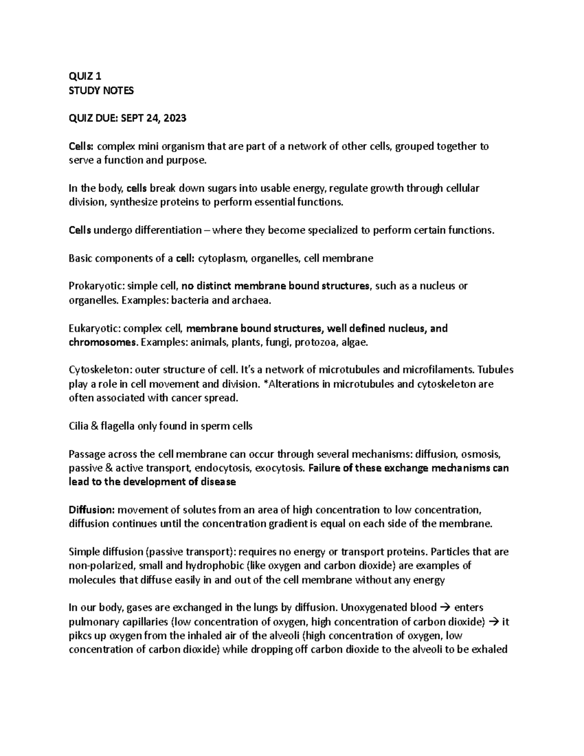 QUIZ 1 - lecture notes, cell, immunity - QUIZ 1 STUDY NOTES QUIZ DUE ...